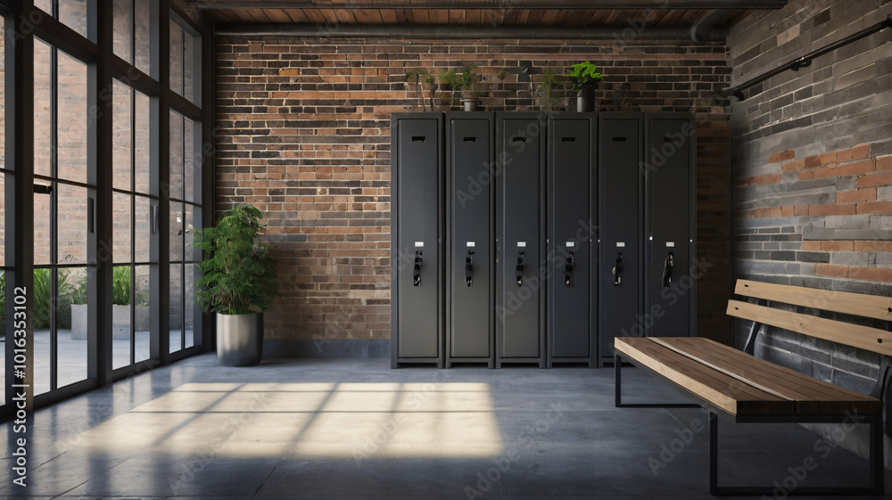 Modern loft interior featuring a locker room with black cabinets ...