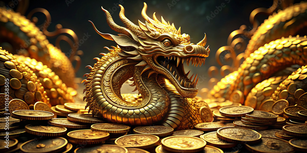 majestic golden dragon sits proudly among pile of shimmering coins ...