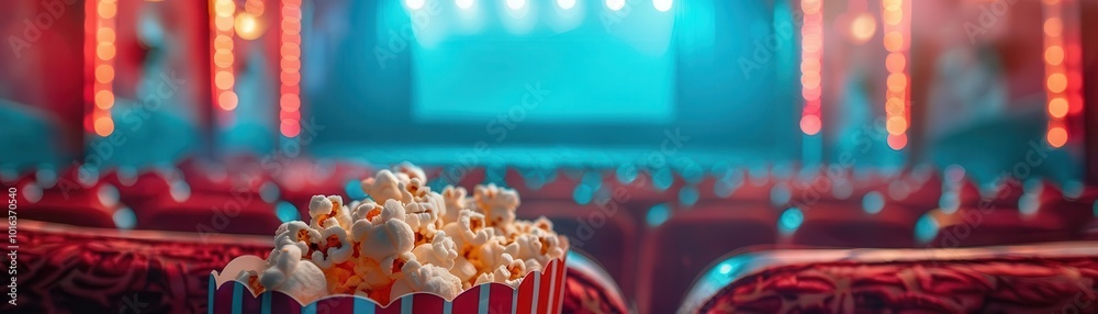 Cinema screens with popcorn and movie tickets, nostalgic and inviting ...