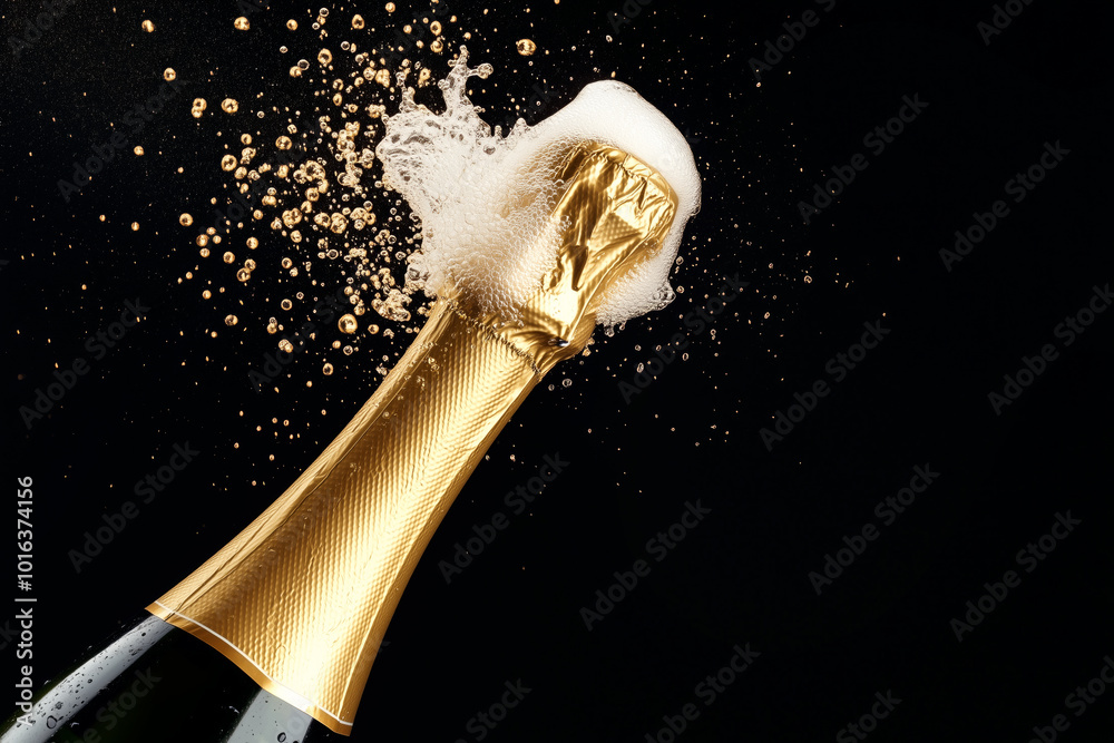 Champagne bottle popping with foam and bubbles against black background ...