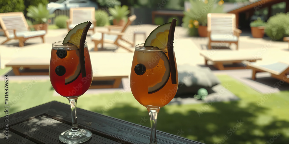 Two fruity cocktails are on a wooden table, fruits, the glass is stuck ...