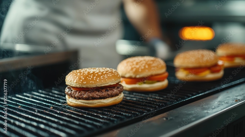 Robotic chef flipping burgers on a smart high tech grill in a tech ...