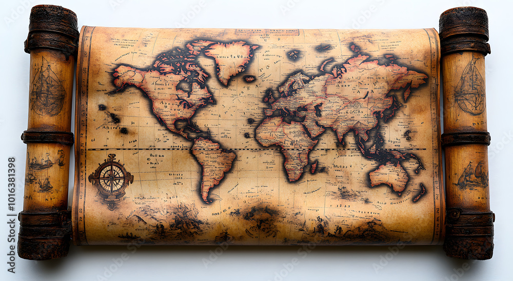 A worn parchment scroll featuring an ancient world map, showcasing ...