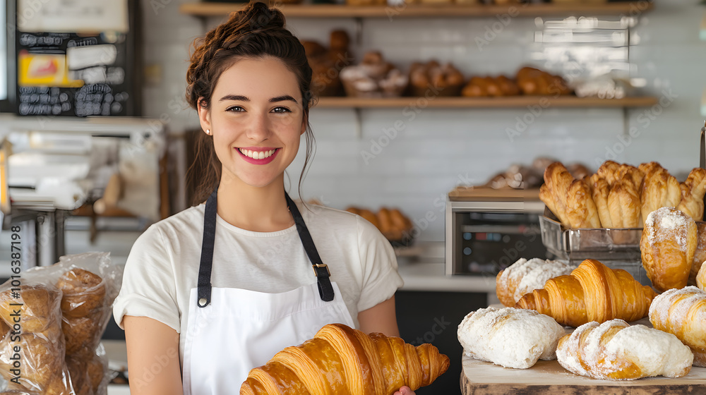 Happy attractive french woman working baking fresh white bread ...