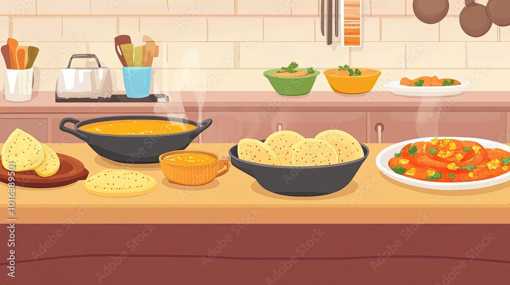 Cartoon-style Indian kitchen with samosas being filled, colorful ...