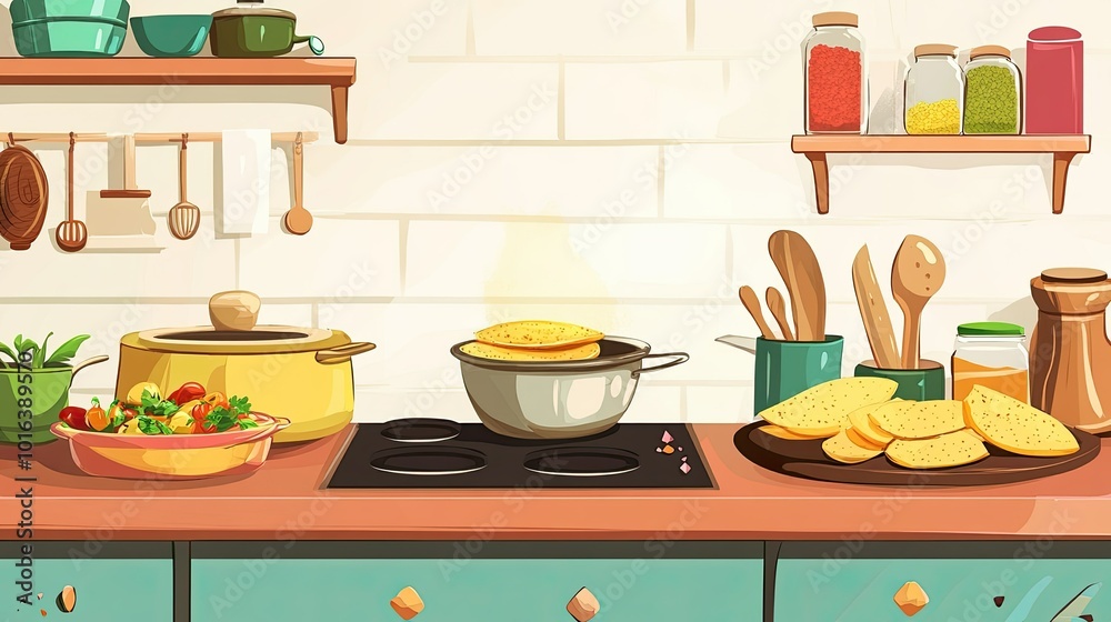 Cartoon-style Indian kitchen with samosas being filled, colorful ...