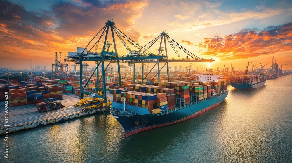 Nautical structure at a busy seaport handling cargo transport Stock ...