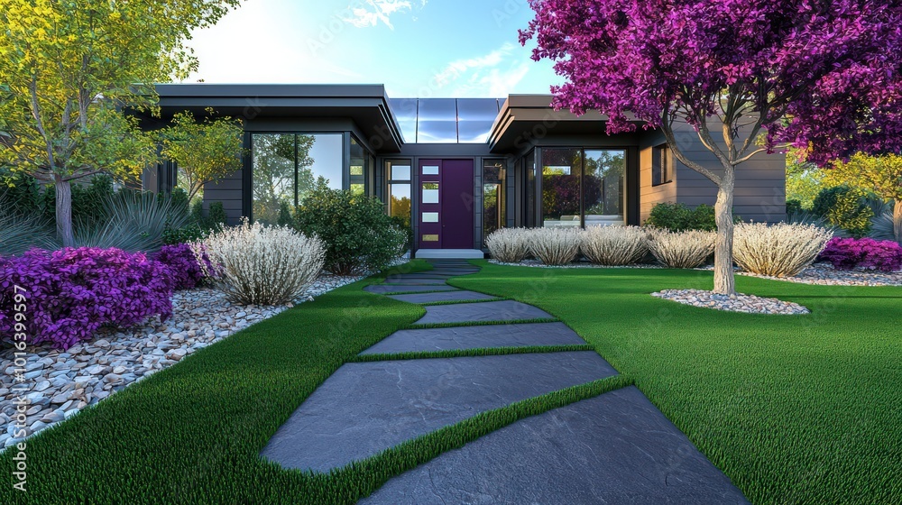 A chic front yard with charcoal artificial grass, a pathway of ash ...