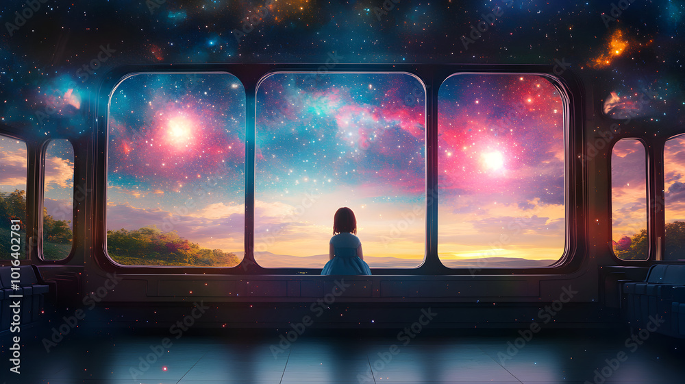 Fantasy landscape of Lofi anime girl watching stars from window of ...
