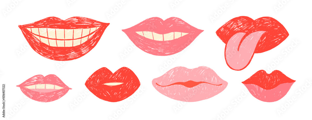 Women and girl's red lips set. Crayon drawn funky lips and mouths with ...