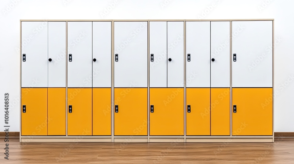 This detailed composition showcases a series of white lockers ...