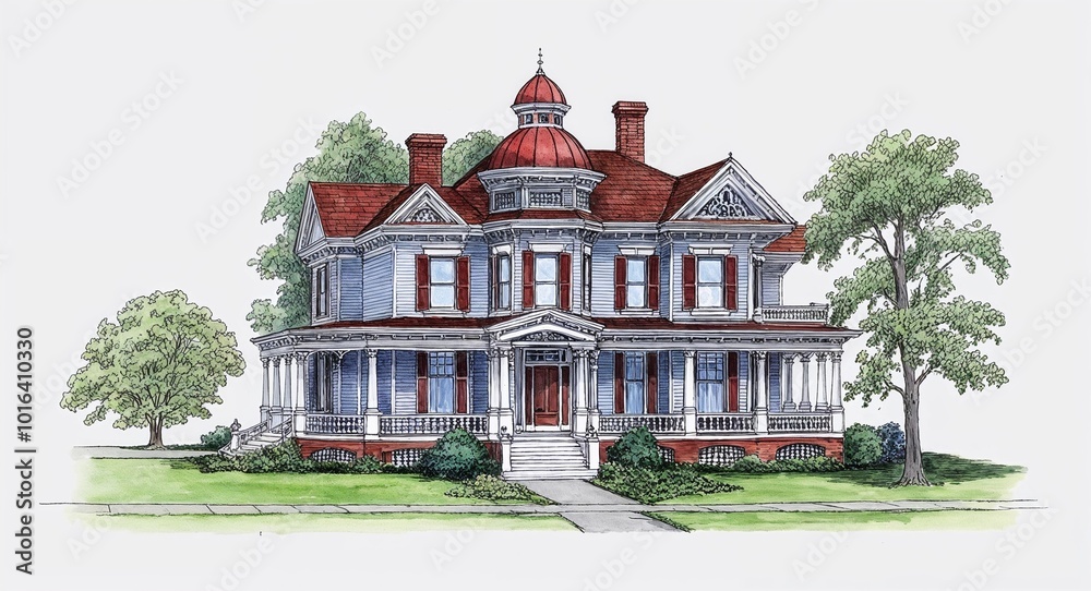 Hand drawing clipart of an Italianate architecture house with cupola on ...