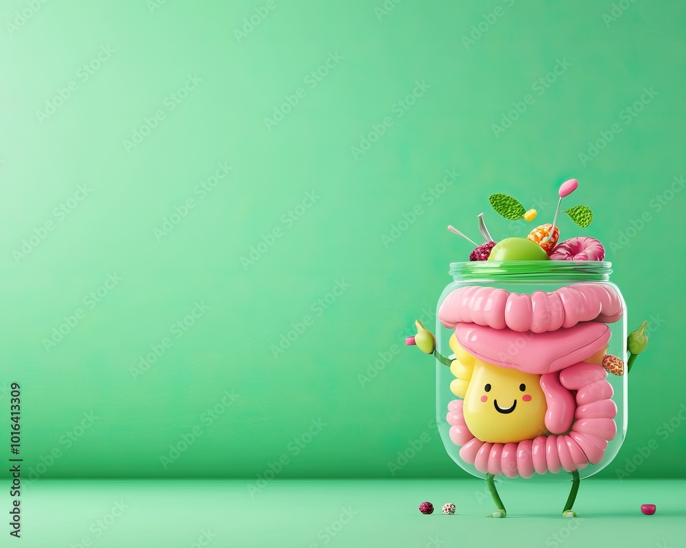 Adorable cartoon of a digestive system character in a jar filled with ...