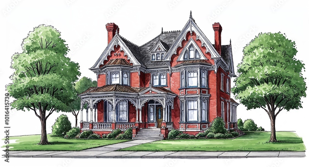 Hand drawing clipart of a Gothic revival house on plain white ...