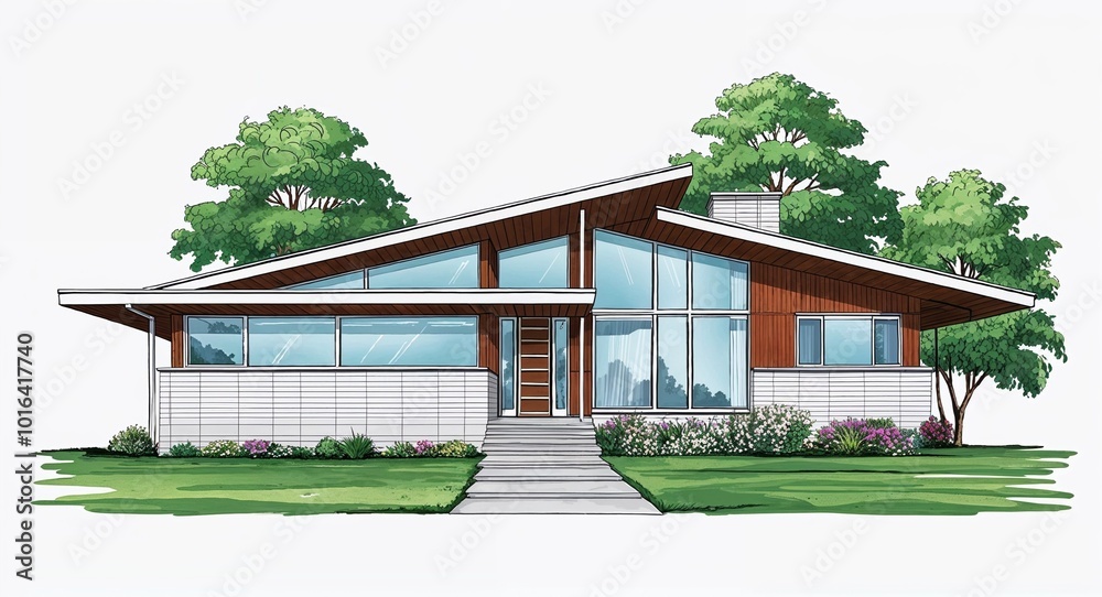 Hand drawing clipart of a mid century modern architecture house on ...