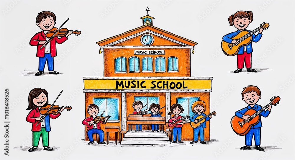 Hand drawing clipart of a music school with students playing ...
