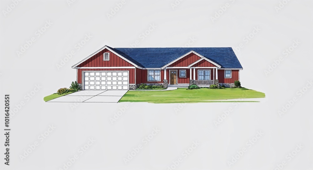 Hand drawing clipart of a ranch style house on plain white background ...