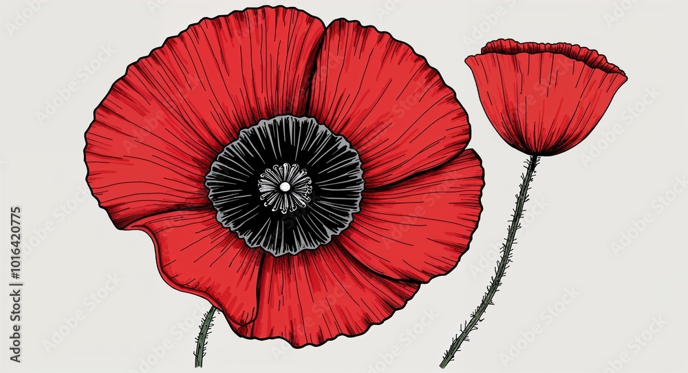 Hand drawing clipart of a red poppy with black center on plain white ...
