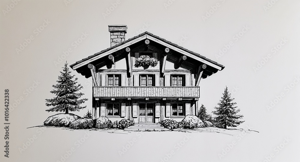 Hand drawing clipart of a Swiss chalet style house with overhanging ...