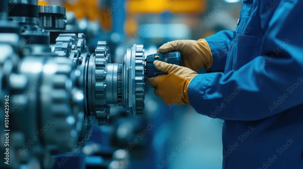 Technician carefully inspecting product alignment using a laser level ...
