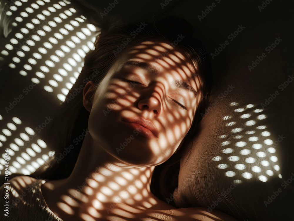 Artistic shadows cast on a sleeping woman’s face, creating a pattern of ...