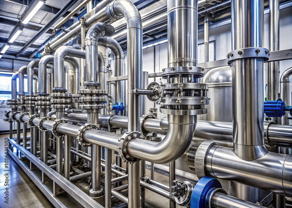 Polished stainless steel pipes and valves installed in a modern ...