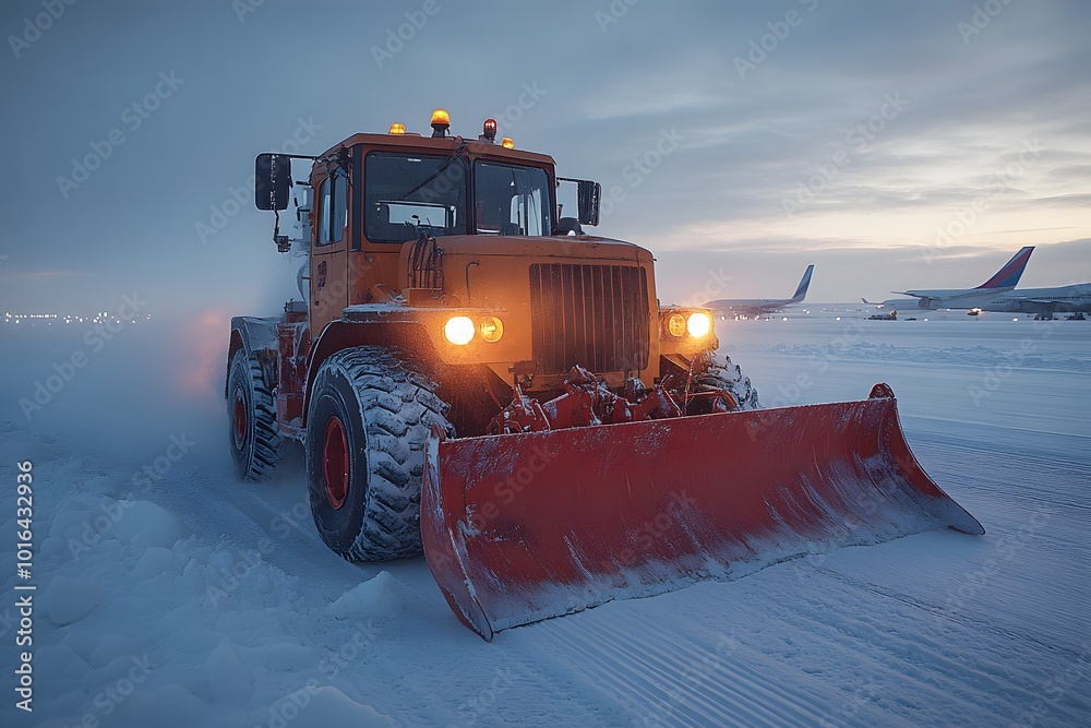 Snowplow in action at an airport, clearing snow from a runway Stock ...
