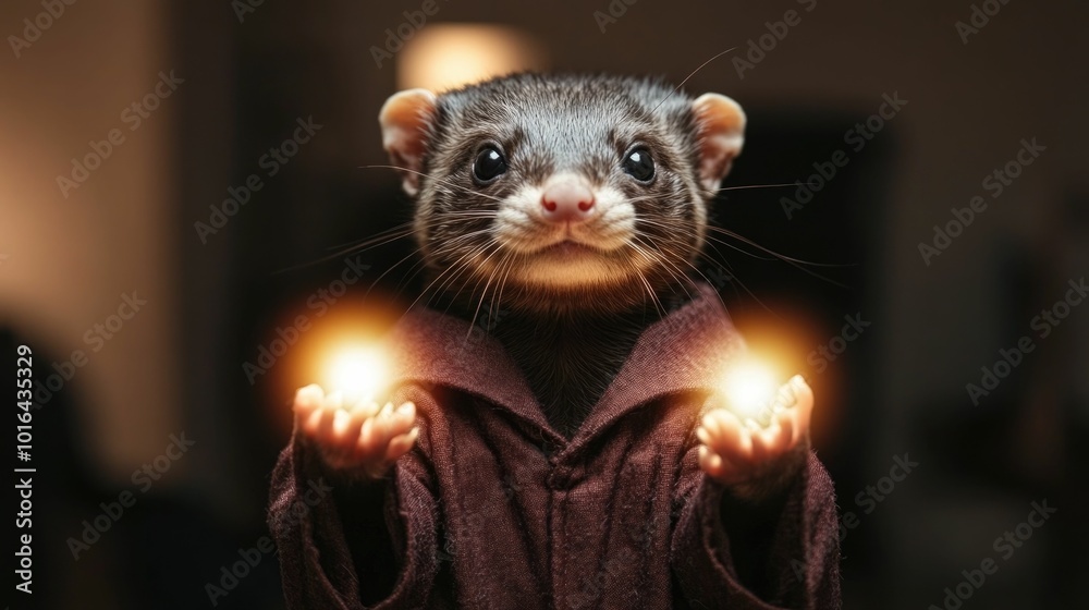 Adorable ferret wearing a wizard s robe and casting a glowing magical ...