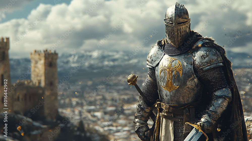 A knight in shining armor stands guard on a hilltop overlooking a ...