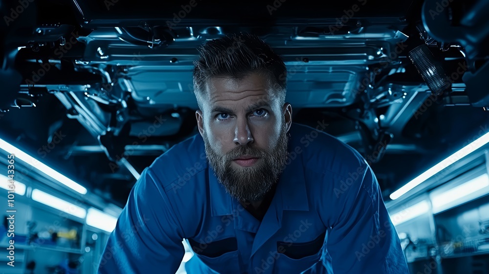 A mechanic wearing a blue uniform, standing under a raised vehicle ...