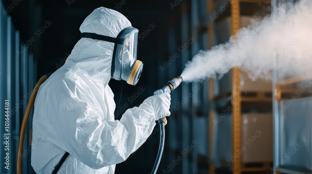A pest control worker wearing a white protective suit and a mask ...