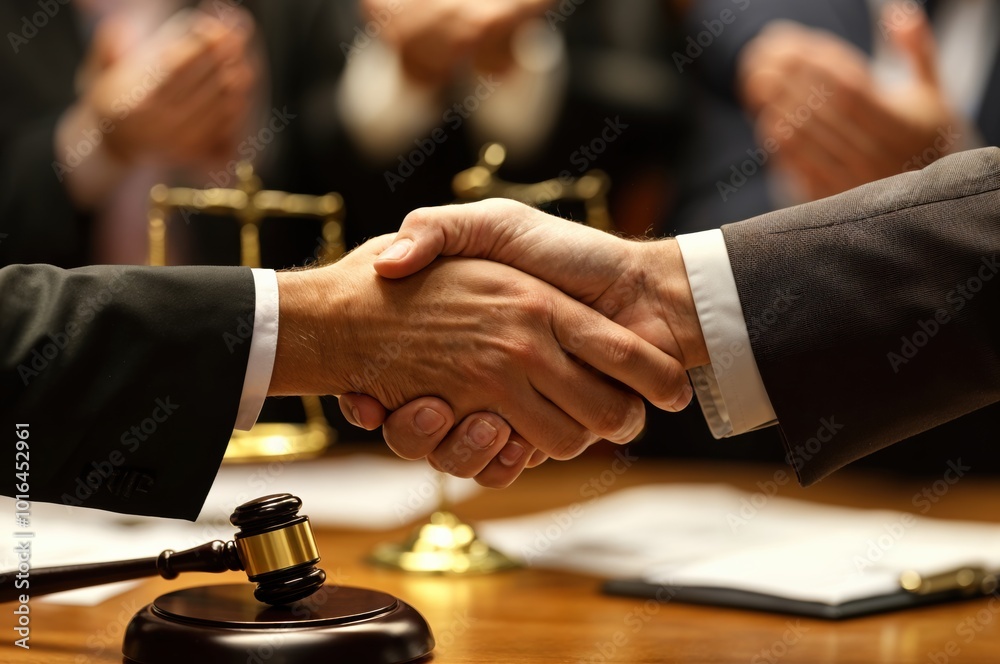 Two lawyers shaking hands while colleagues are clapping hands in the ...
