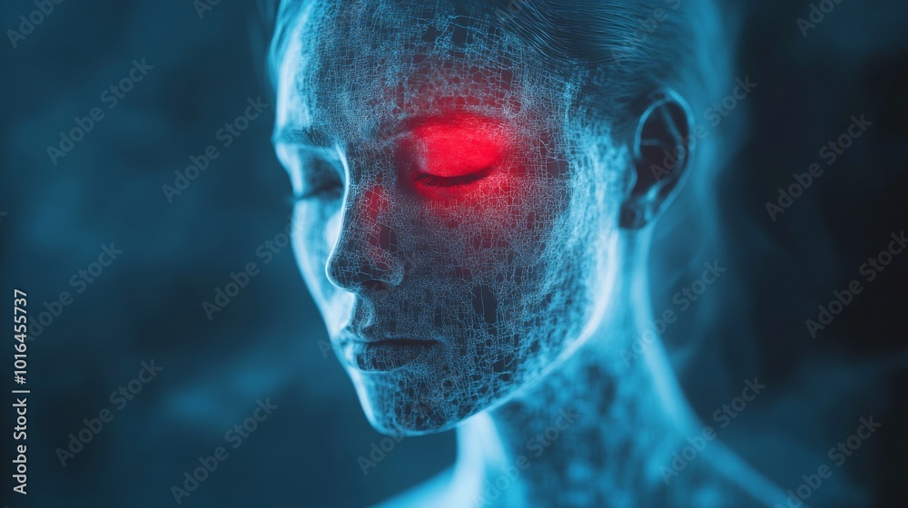 Head with vivid red pain indication, softly blurred background ...