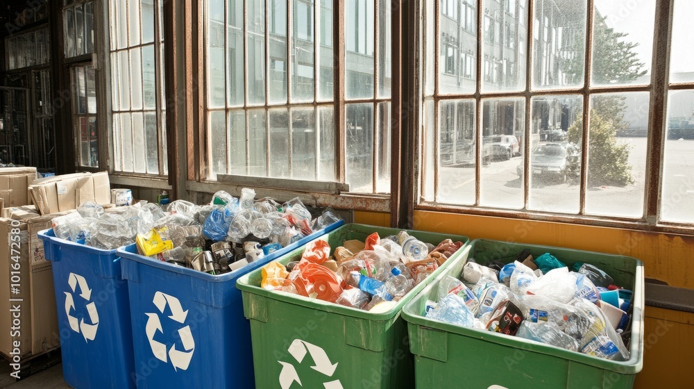 Recycling bins in an industrial setting with clear windows, filled with ...