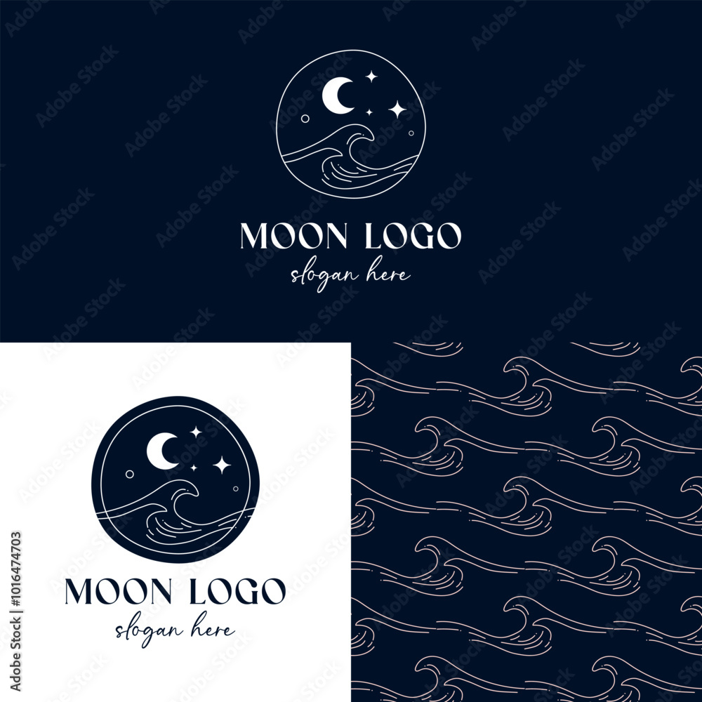 Boho Magic Moon Logo with Sea Wave Pattern on Dark Blue Background ...