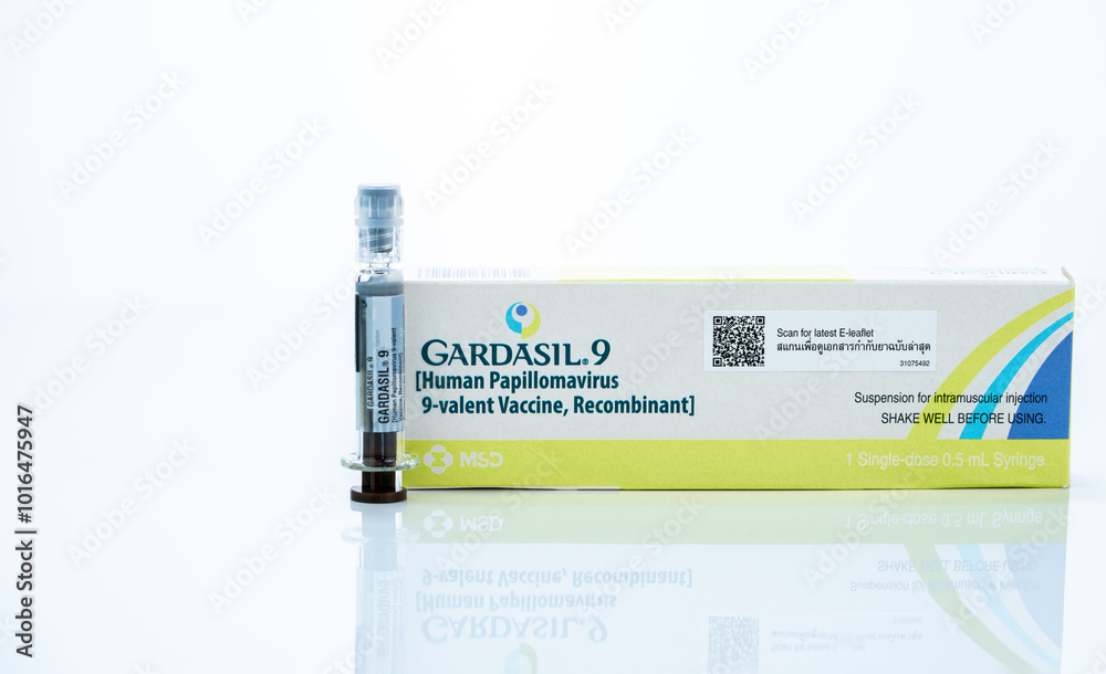 CHONBURI, THAILAND-SEPTEMBER 13, 2024: Gardasil 9 HPV vaccine packaging with prefilled syringe ...