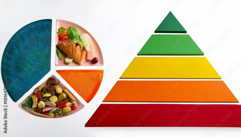 a food group pie chart alongside a pyramid diagram, illustrating the ...