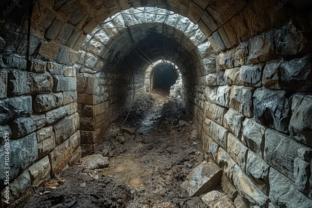 Stone tunnel passageway for municipal services under road construction ...