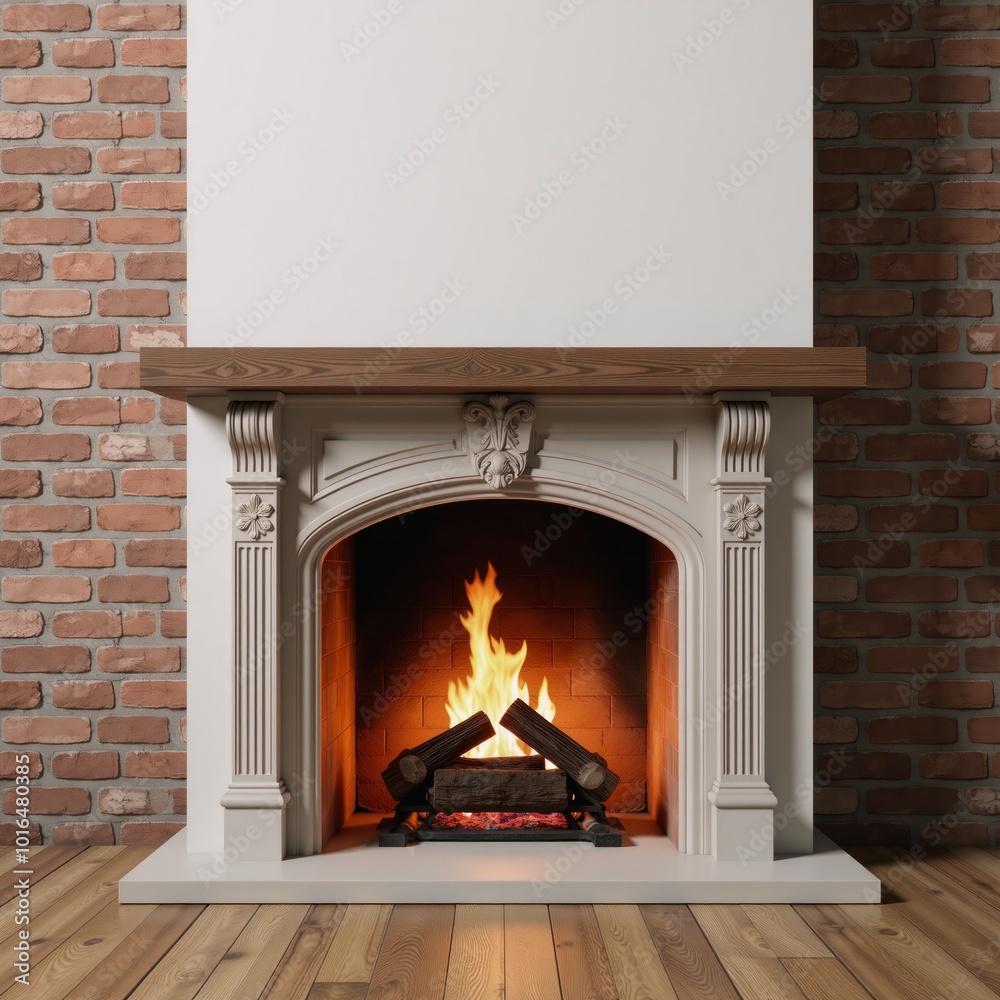 A 3D-rendered scene featuring a large traditional fireplace with a ...