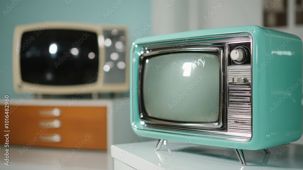 A teal vintage television set with a rounded screen from the mid-20th ...