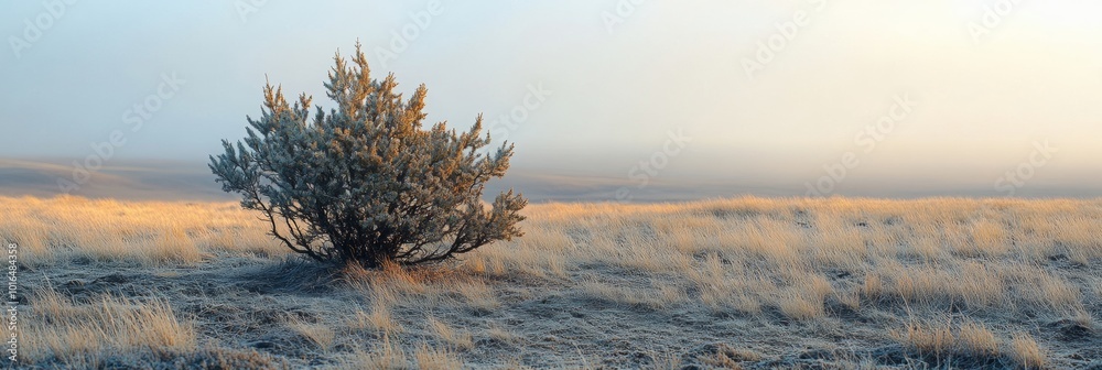 Windswept Juniper on Blurred Horizon, a solitary juniper bush stands ...