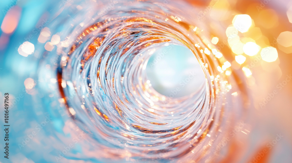 Artistic view of swirling water inside a pipe with colorful reflections ...