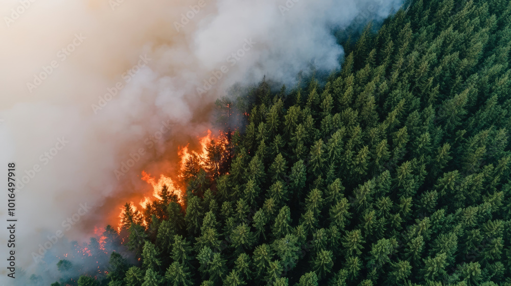 Aerial view of forest fire engulfing trees, with thick smoke billowing into sky. contrast ...