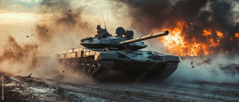 powerful tank maneuvers through battlefield, surrounded by smoke and ...