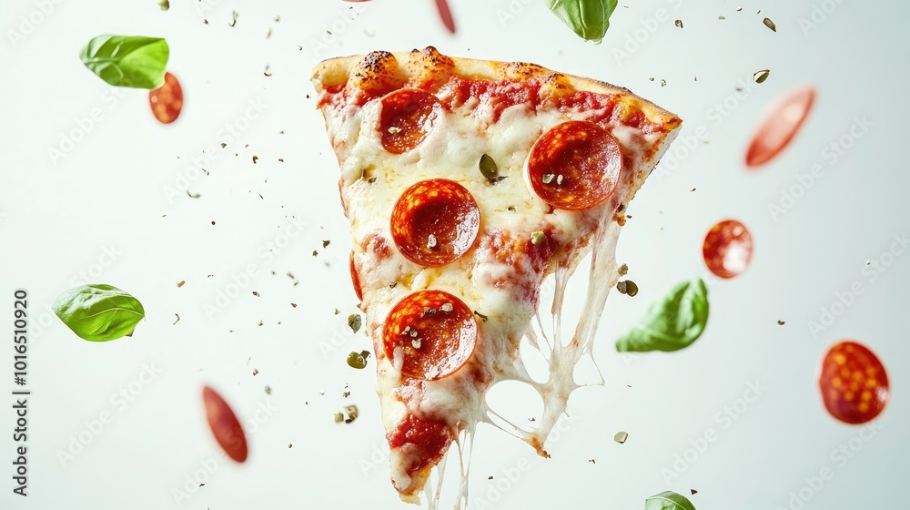 A whimsical portrayal of a slice of pepperoni pizza falling from above ...