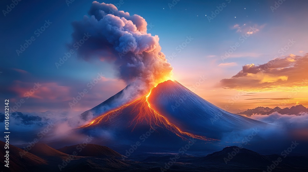 Volcano erupting with molten lava flowing down its sides, smoke and ash ...