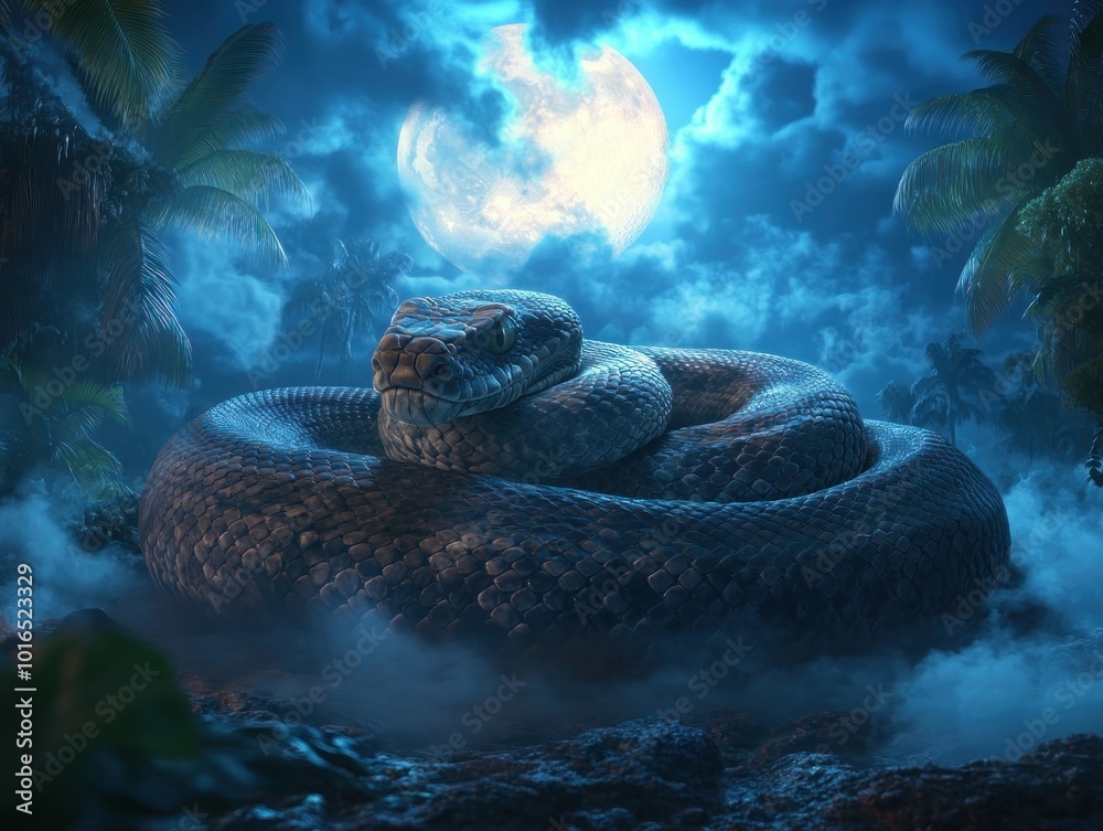 Nocturnal Viper in Moonlight A Serpent Coiling Through Dense Jungle ...