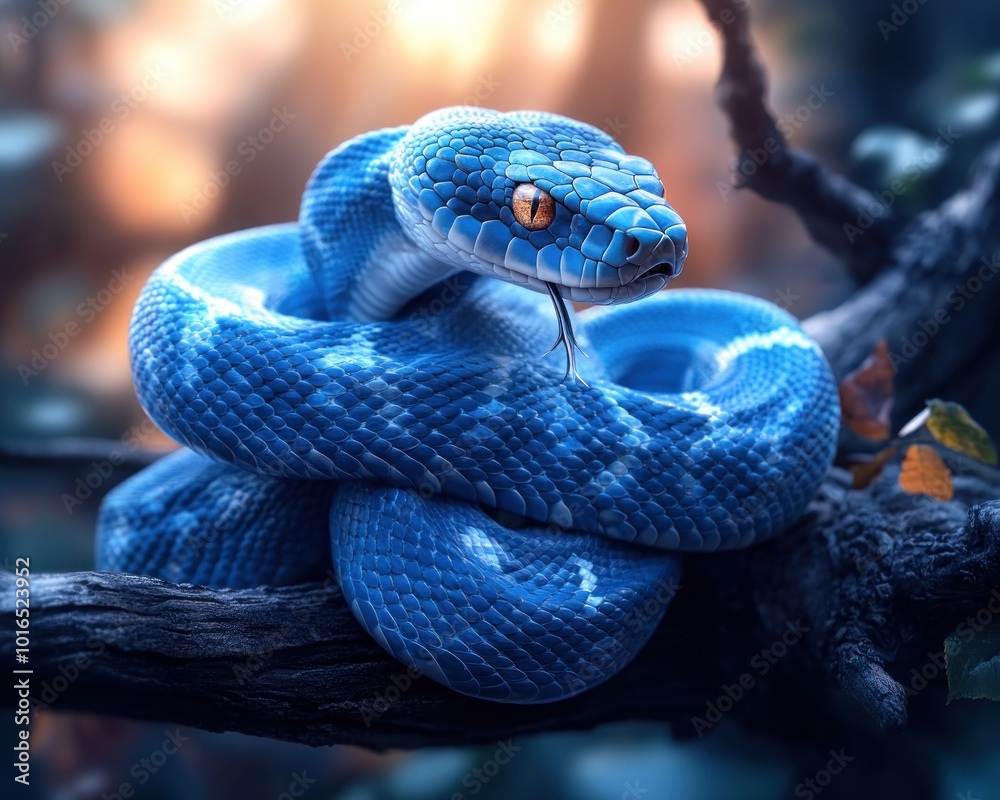 Stunning Blue Snake with Shimmering Scales Coiling Elegantly Around a ...