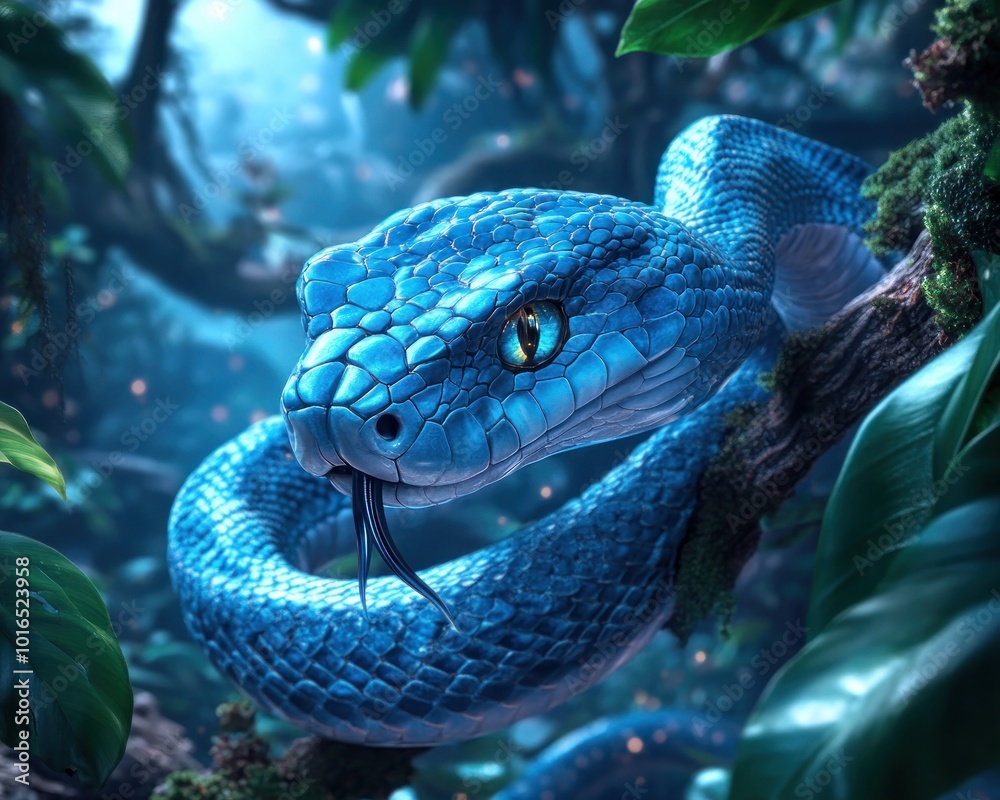 Stunning Blue Snake with Shimmering Scales Coiled Elegantly Around a ...