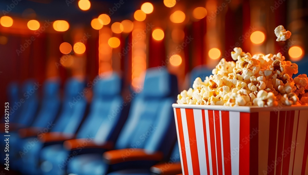 Overflowing popcorn bucket with cinema seats, perfect for movie night ...